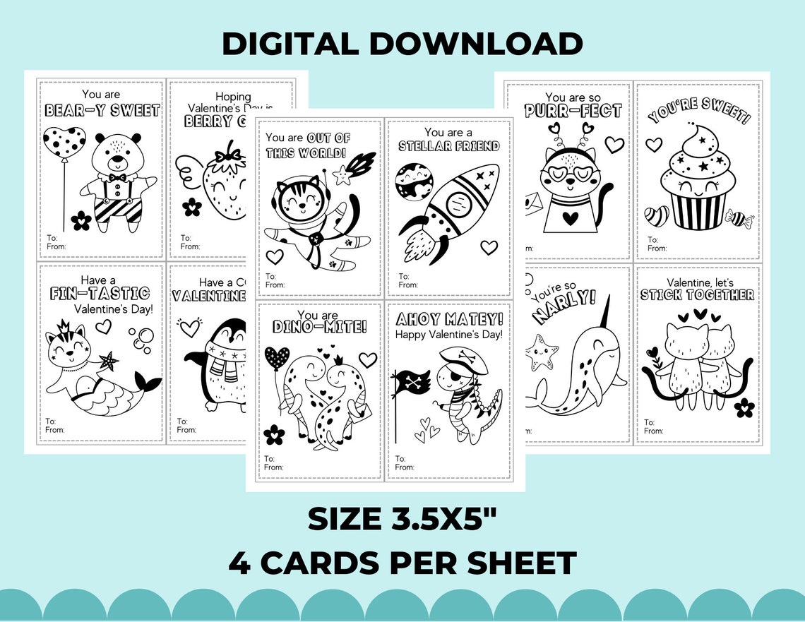 Valentine Coloring Cards, Classroom Valentine Cards, Kid Valentine Card ...