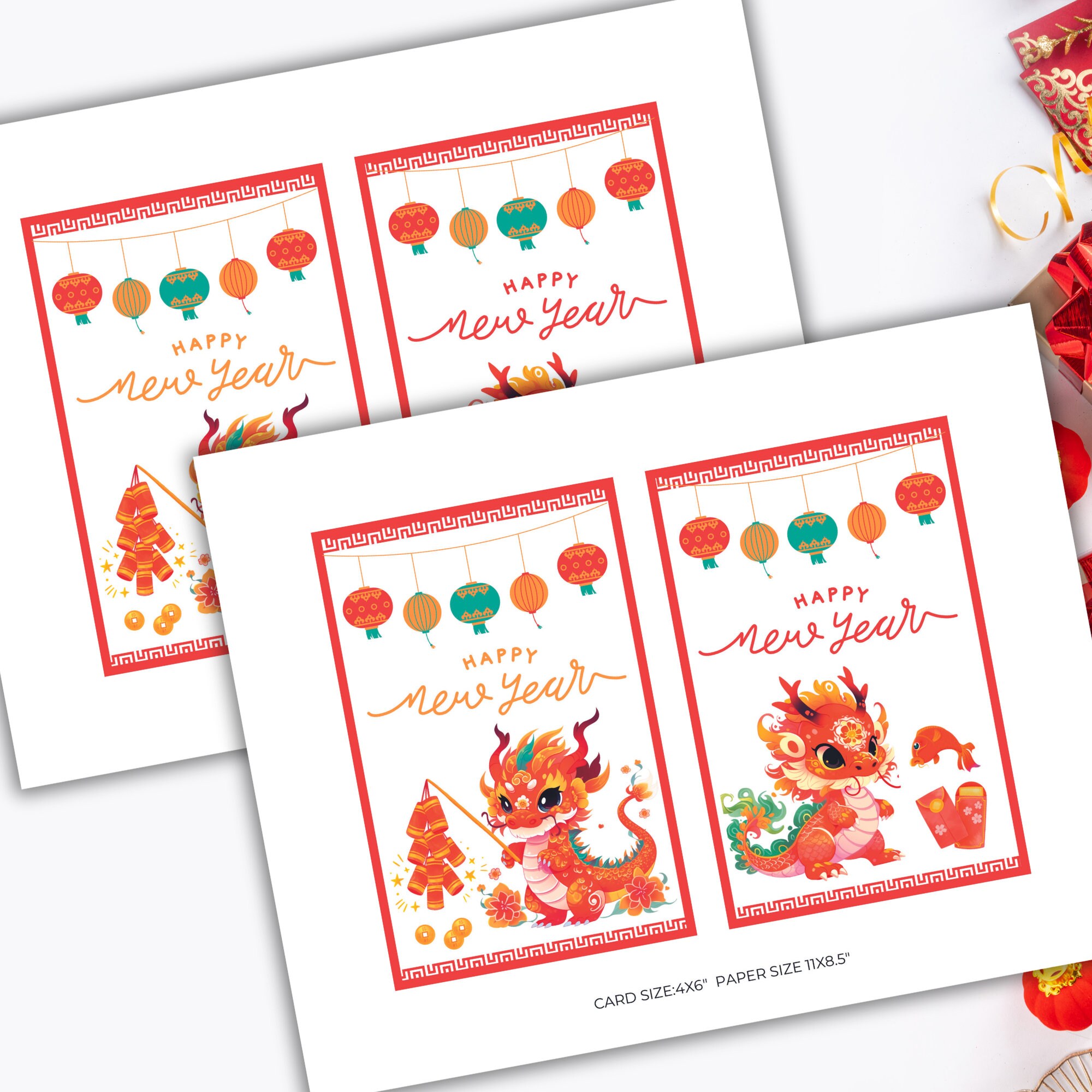 2024 Year of the Dragon Chinese New Year Card, 4x6 Printable Chinese ...