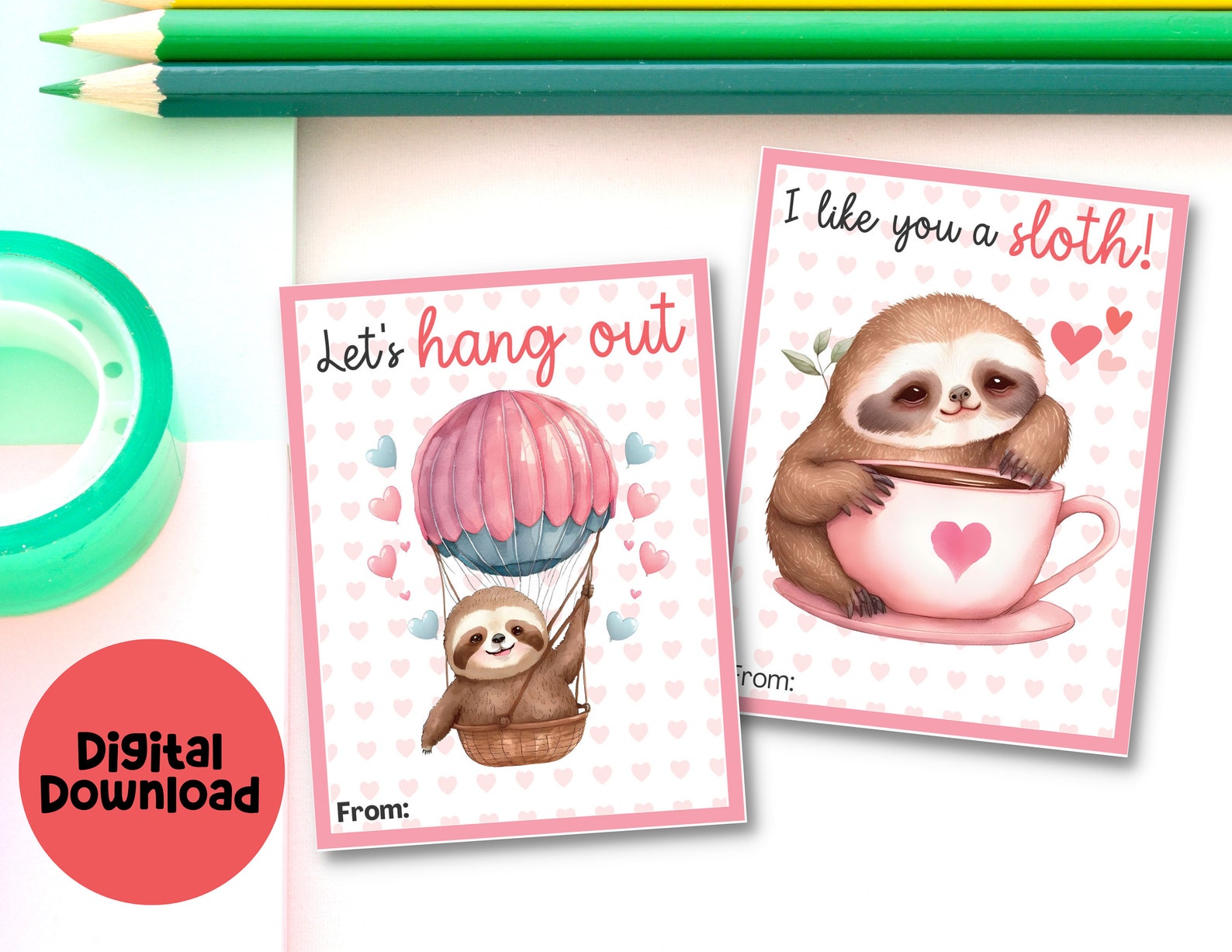 Watercolor Sloth Valentines / Printable Valentine / Sloth Valentine ...