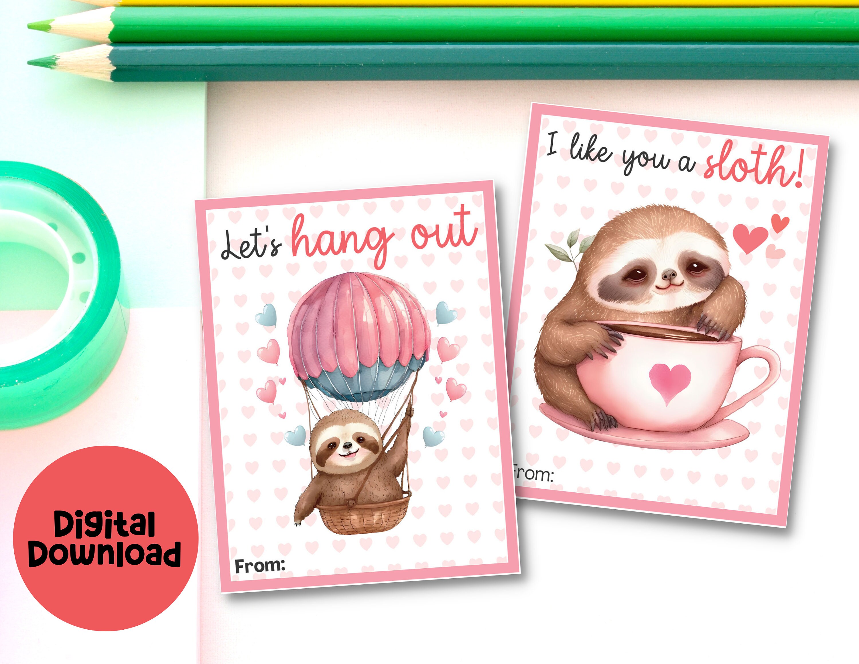 Watercolor Sloth Valentines / Printable Valentine / Sloth Valentine ...