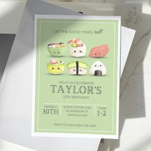 EDITABLE Sushi Birthday Invite, Japanese Party, Wasabi,kawaii Sushi ...