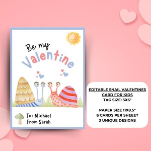 EDITABLE Snail Valentine Card, Mushroom Valentines, Printable Kids ...