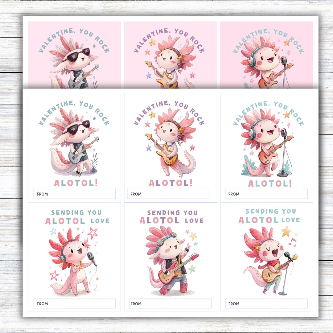 Axolotl Valentine Cards 6 Designs, Axolotl School Valentine, Salamander ...