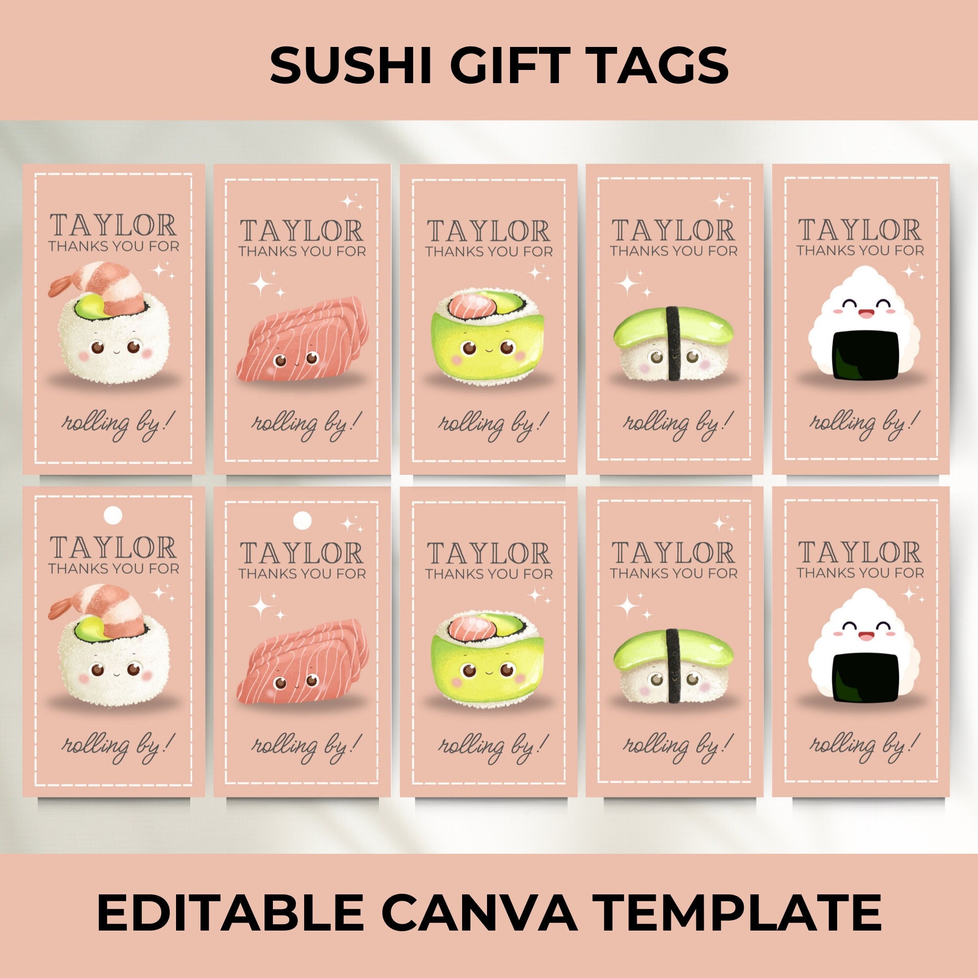 EDITABLE Sushi Thank You Tag Set, Sushi Party Favor, Wasabi, Pink ...