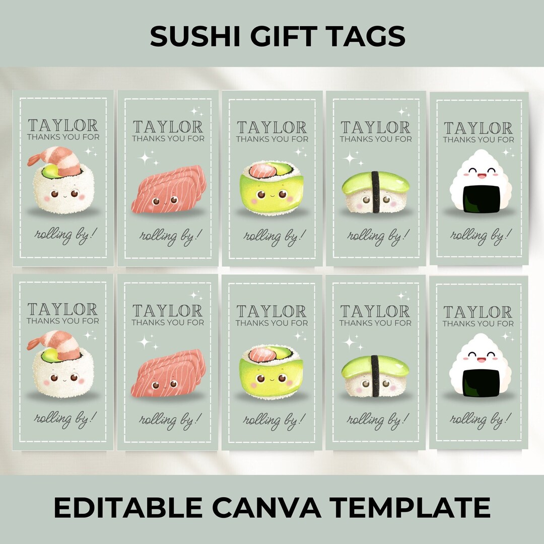 EDITABLE Sushi Thank You Tag Set, Sushi Party Favor, Wasabi, Blue ...