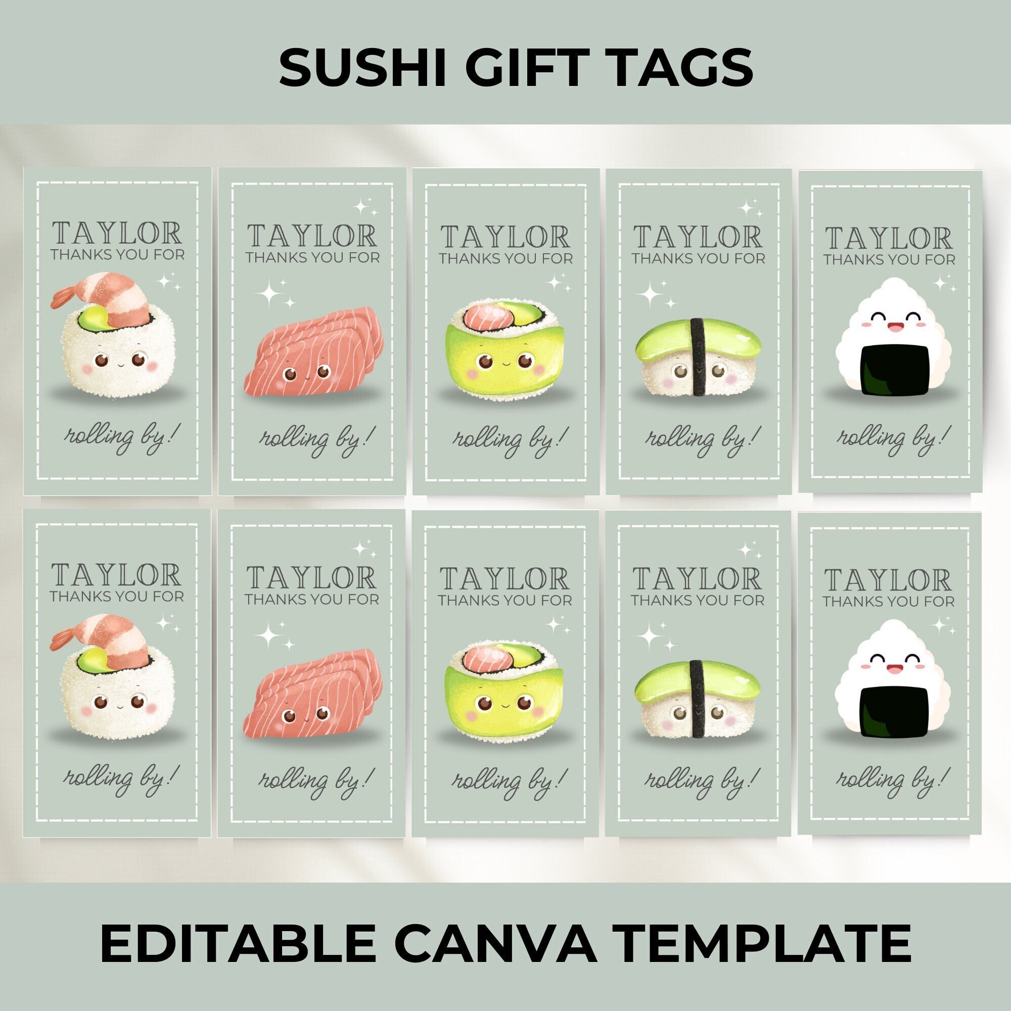 EDITABLE Sushi Thank You Tag Set, Sushi Party Favor, Wasabi, Blue ...