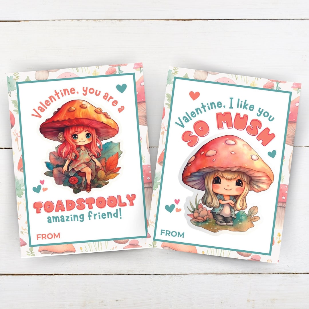 Printable Mushroom Valentine Cards, Kids Valentines, Mushroom Cards for ...