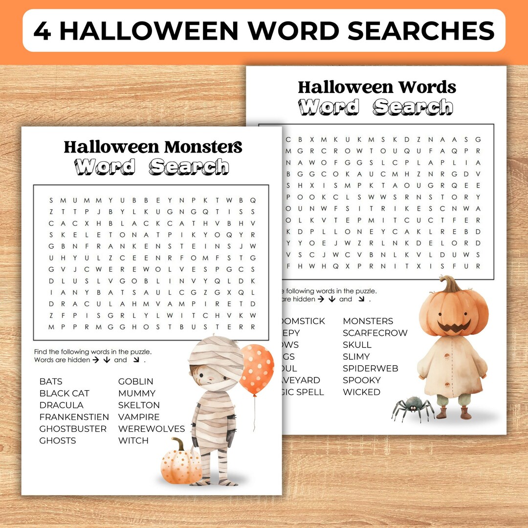 Halloween Word Search Game, Set of 4, Halloween Printable Game, Fun ...