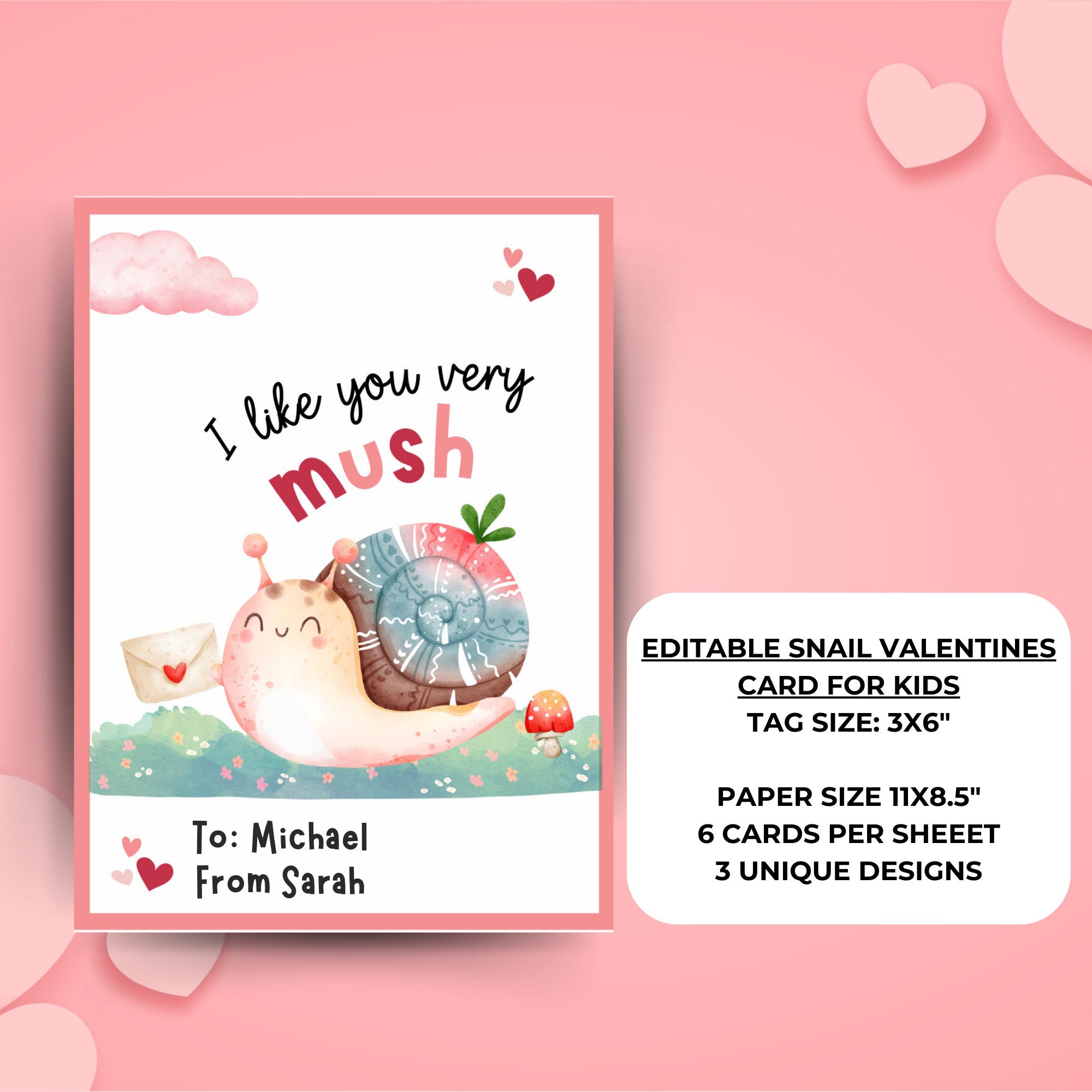 EDITABLE Snail Valentine Card, Mushroom Valentines, Printable Kids ...