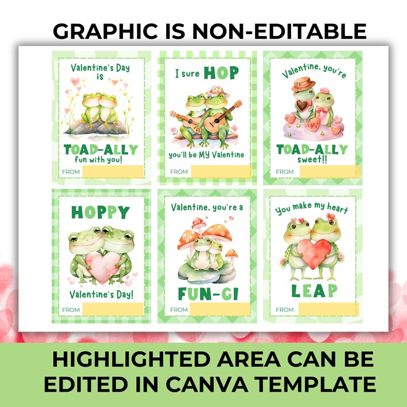 EDITABLE Frog Valentine's Day Cards SET, 12 Printable Valentines, Hoppy ...