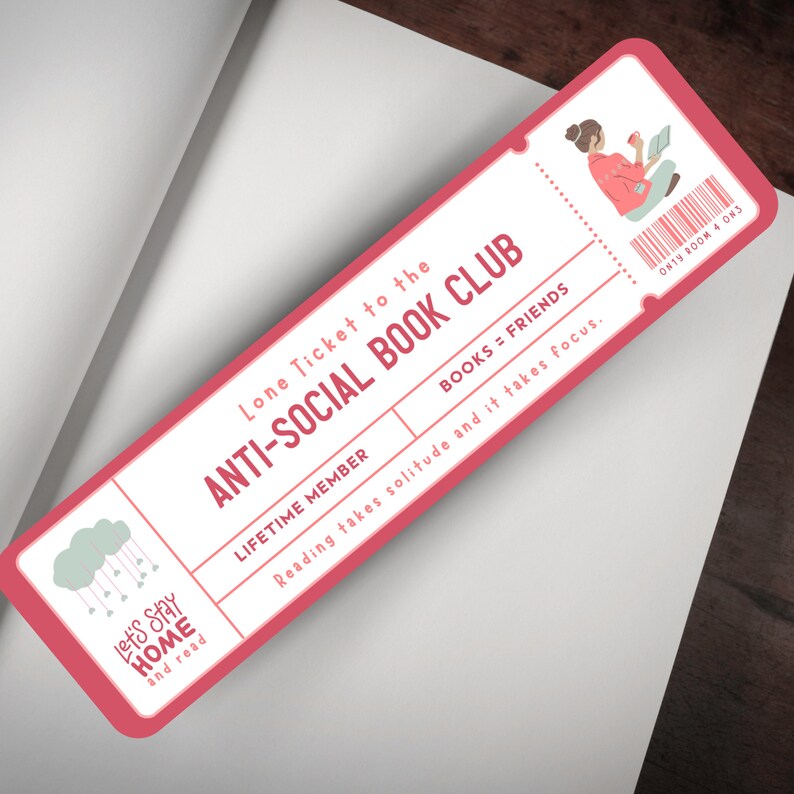 Anti-social Club Bookmark Pink Bookmark Ticket Bookish Gift - Etsy