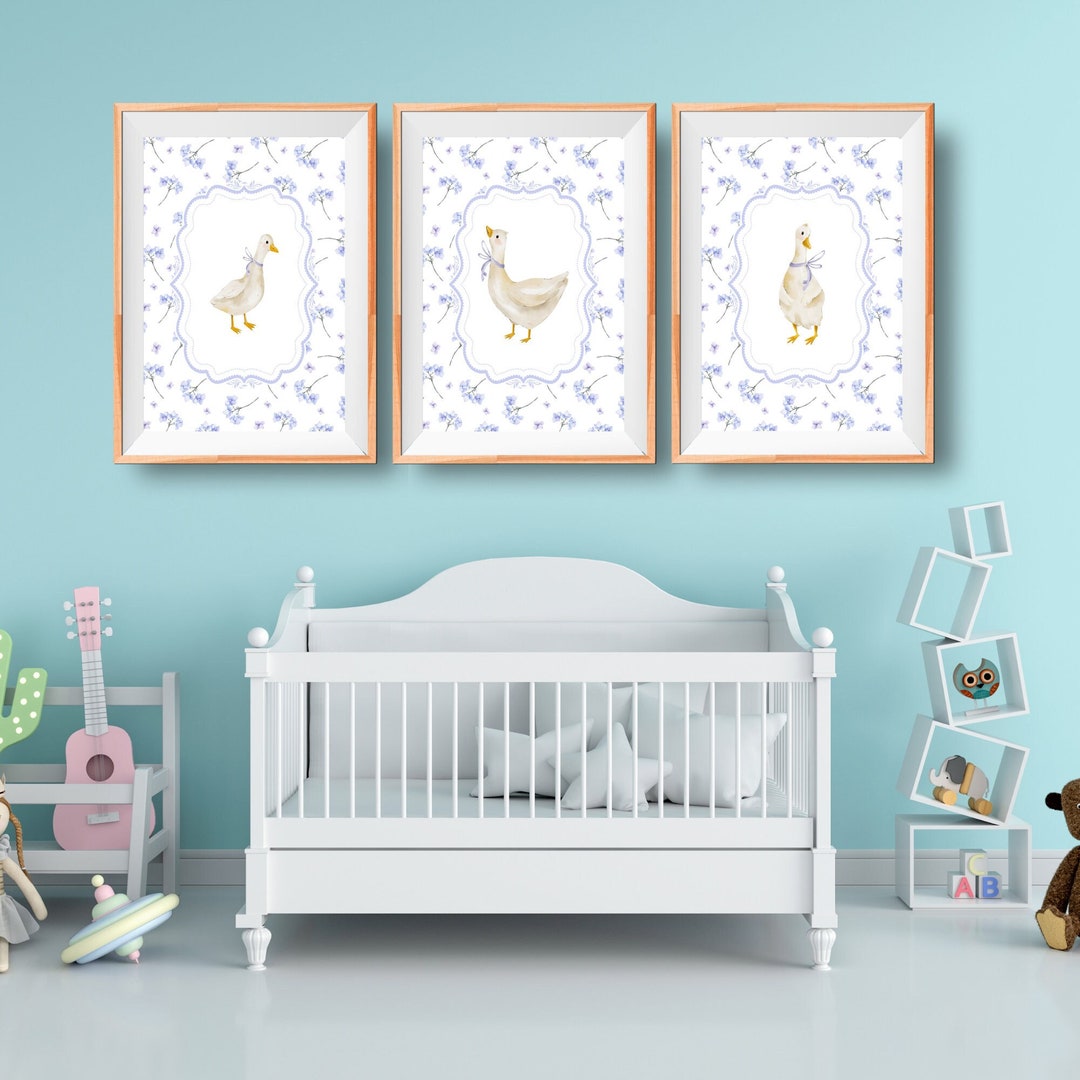 Printable Duck Nursery Print Set, Blue Nursery Art, Blue Wildflowers ...