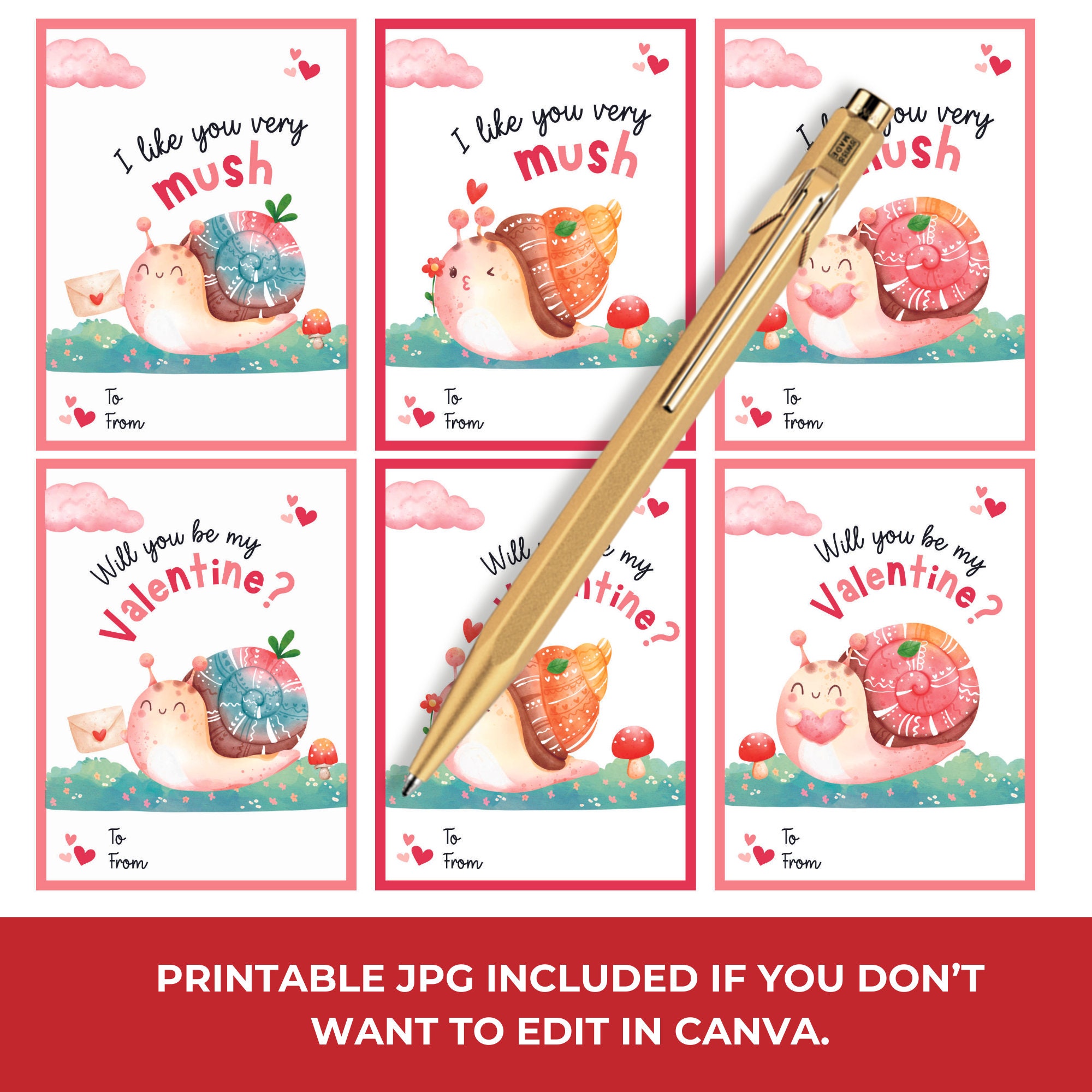 EDITABLE Snail Valentine Card, Mushroom Valentines, Printable Kids ...