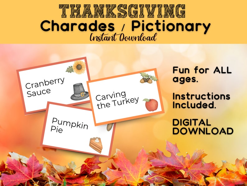 Thanksgiving Charades Pictionary, Thanksgiving Game Kids & Adults ...