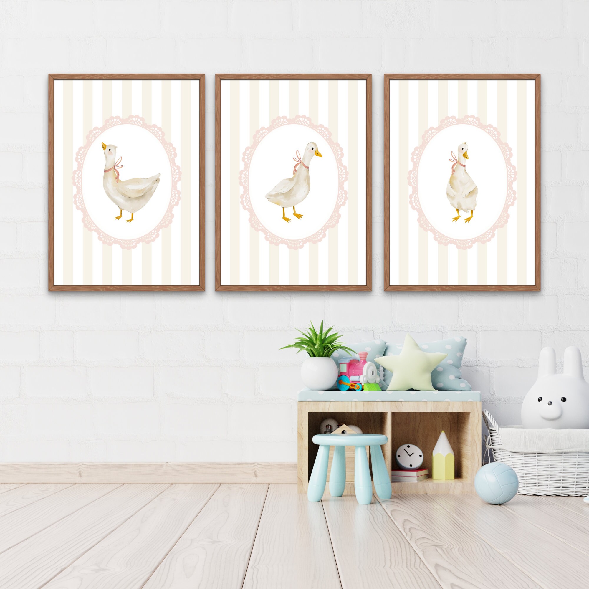 Duck Nursery Print Set, Blush Pink Nursery Decor, Pink Stripe Art, Duck ...
