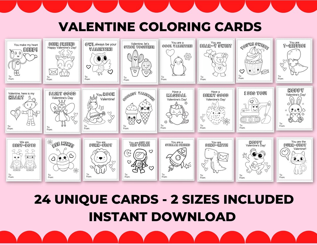 Valentine Coloring Cards / Classroom Valentine Cards / Kid Valentine ...