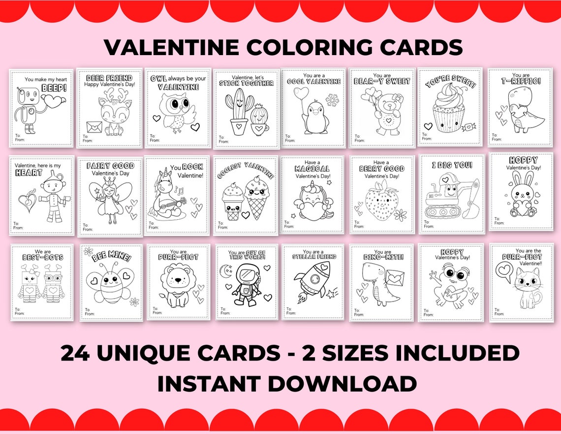 Valentine Coloring Cards / Classroom Valentine Cards / Kid - Etsy