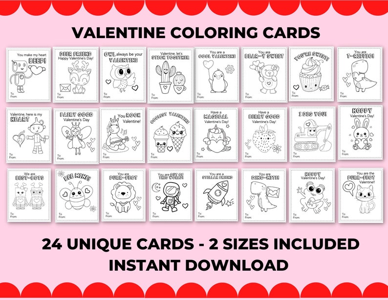 Valentine Coloring Cards / Classroom Valentine Cards / Kid Valentine ...