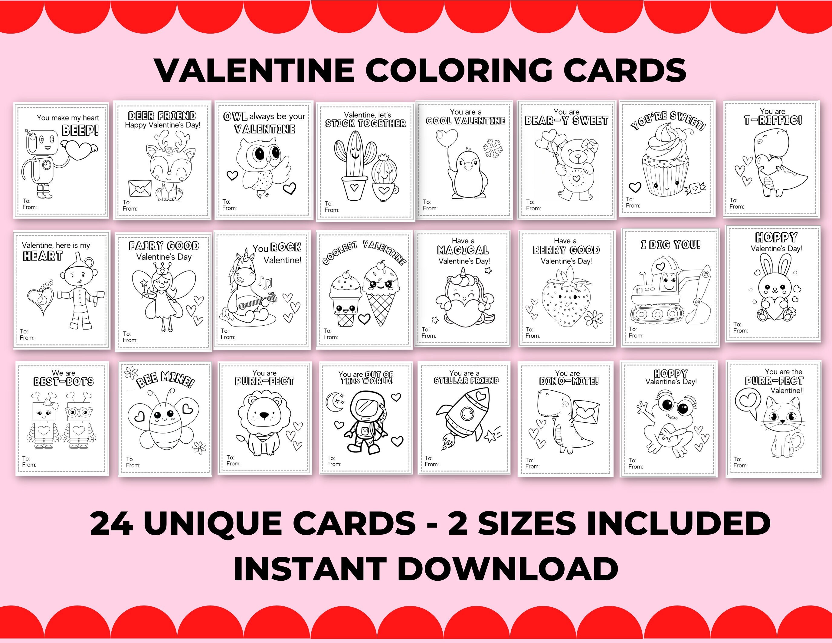 Valentine Coloring Cards / Classroom Valentine Cards / Kid Valentine ...