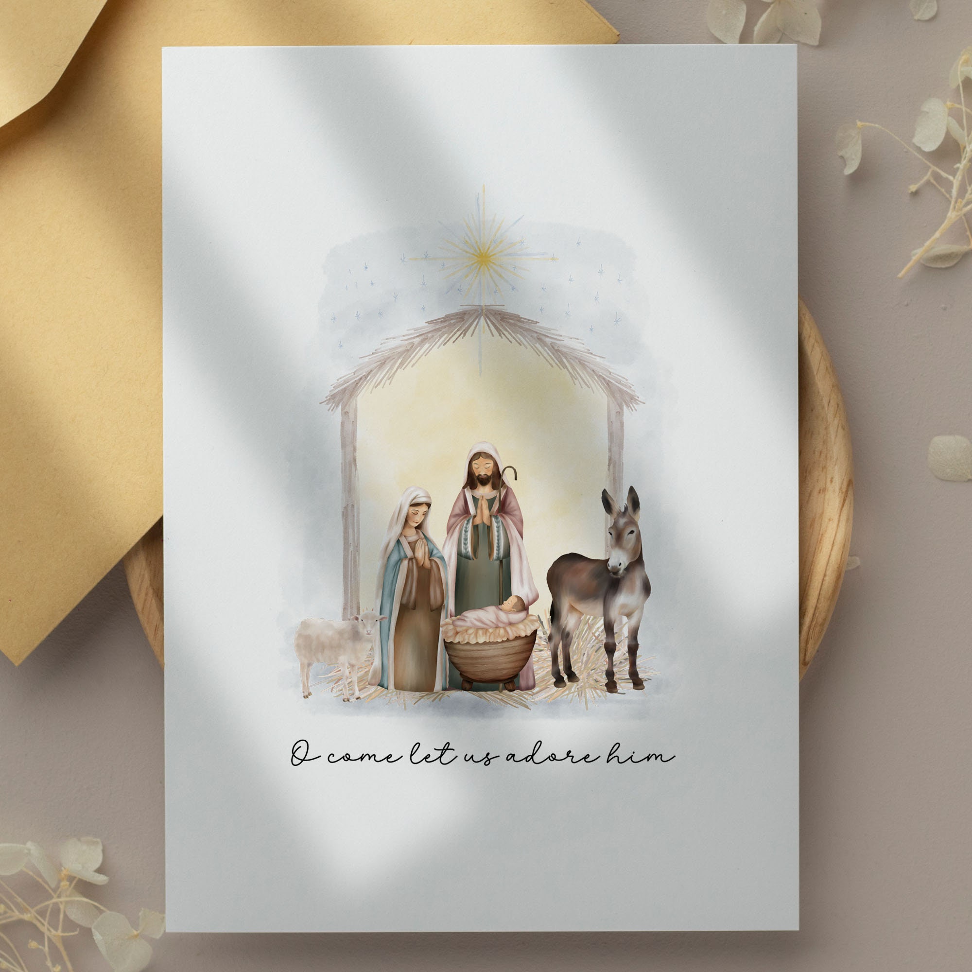 Folding Watercolor Nativity Card Printable, Christmas Card Printable ...