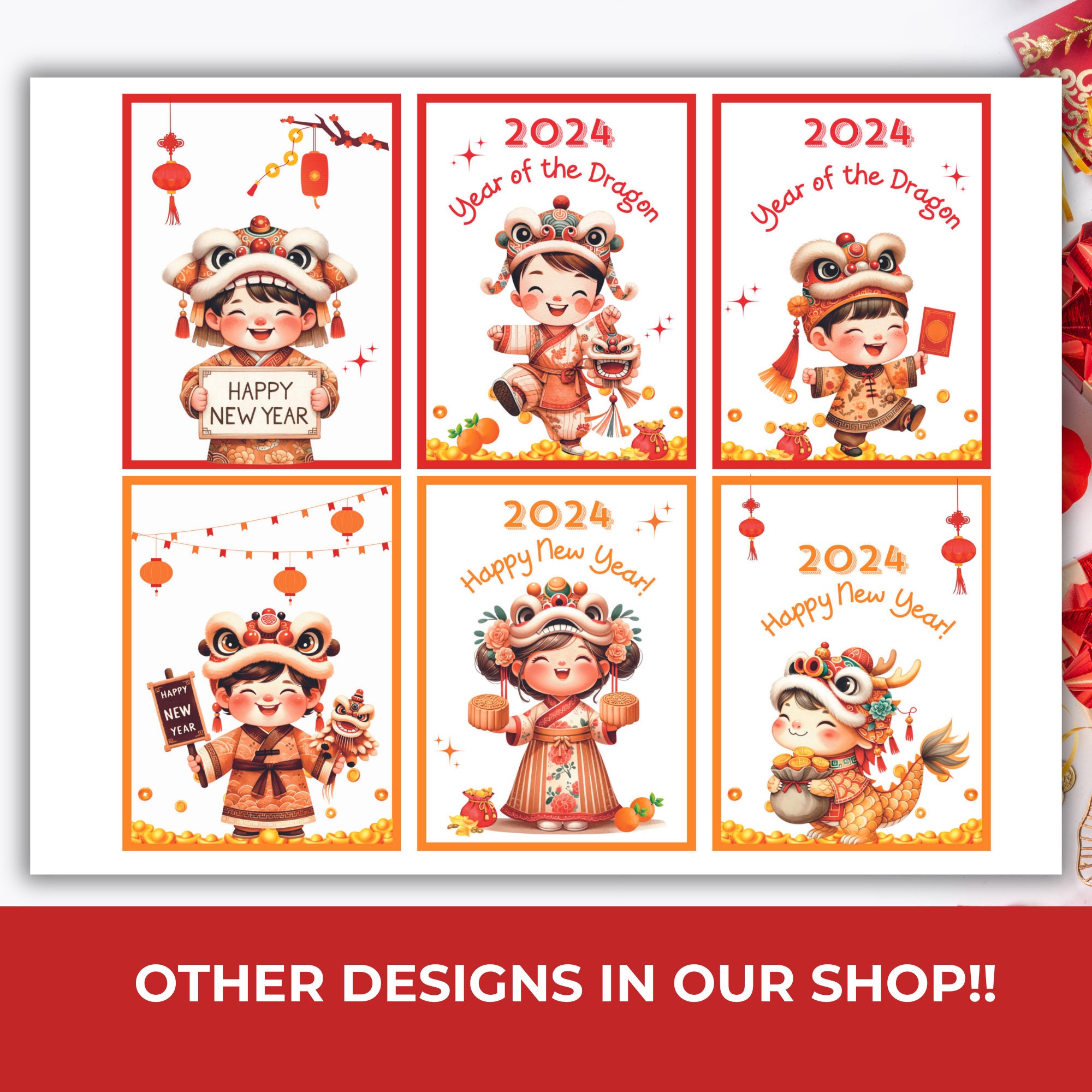 2024 Year of the Dragon Chinese New Year Card, 3X4 Printable Chinese ...