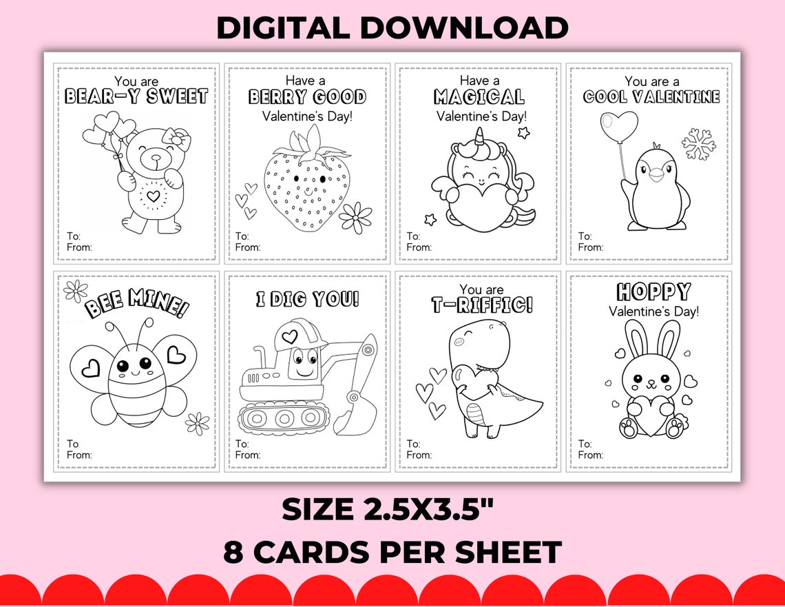 Valentine Coloring Cards / Classroom Valentine Cards / Kid - Etsy
