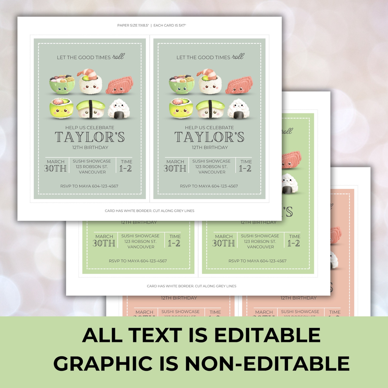 EDITABLE Sushi Birthday Invite, Japanese Party, Wasabi,kawaii Sushi ...