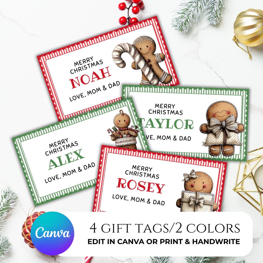 Editable Gingerbread Gift Tag Set, Stripe Christmas Gift Tag Bundle ...