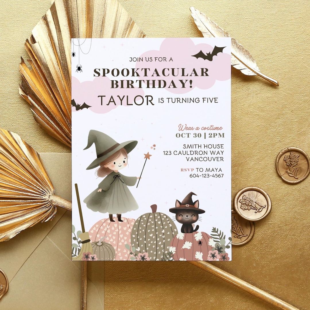 Cute Witch Invitation, Halloween Birthday Costume Party Invite, Witch ...