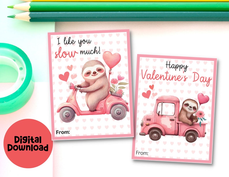 Watercolor Sloth Valentines / Printable Valentine / Sloth Valentine ...