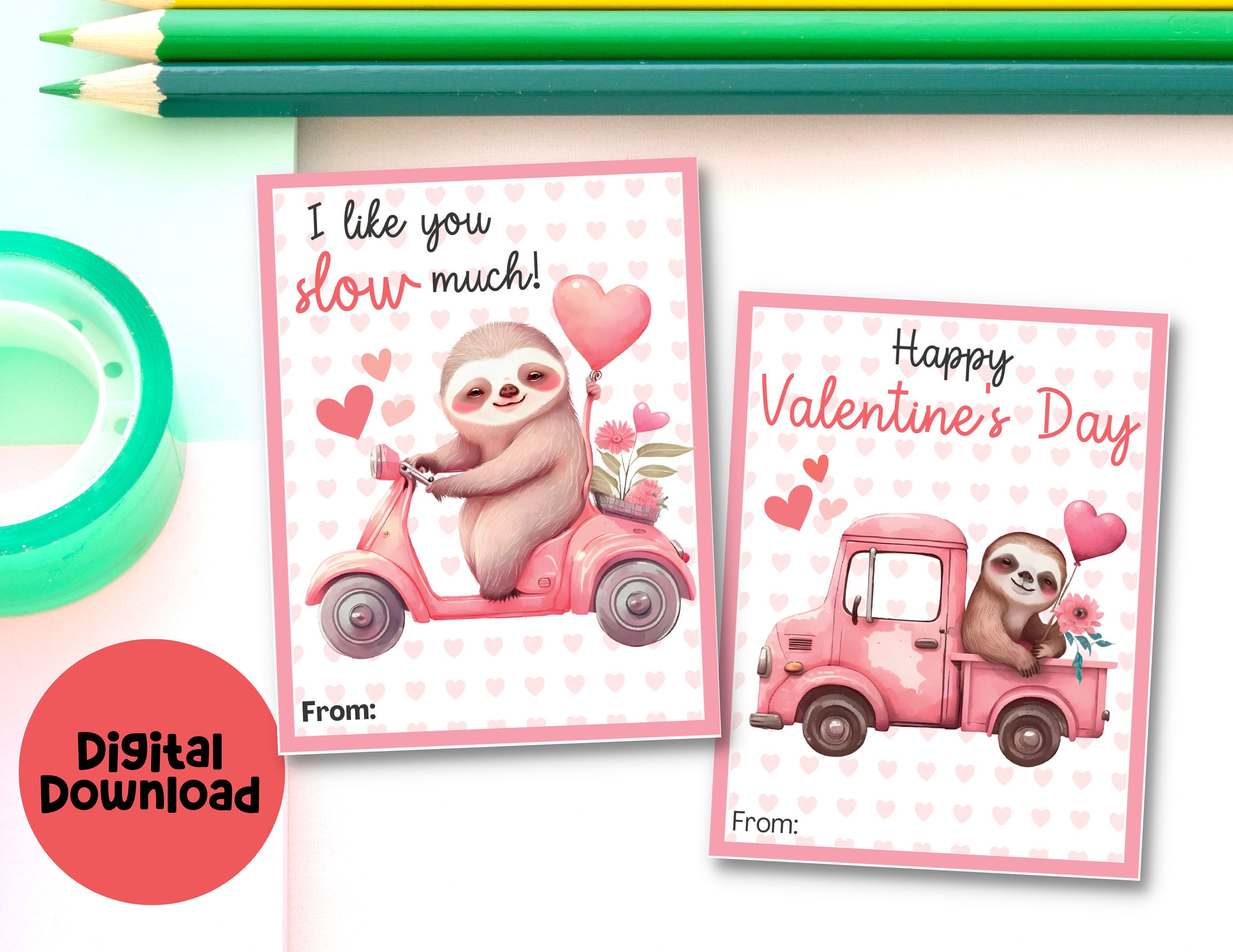 Watercolor Sloth Valentines / Printable Valentine / Sloth Valentine ...