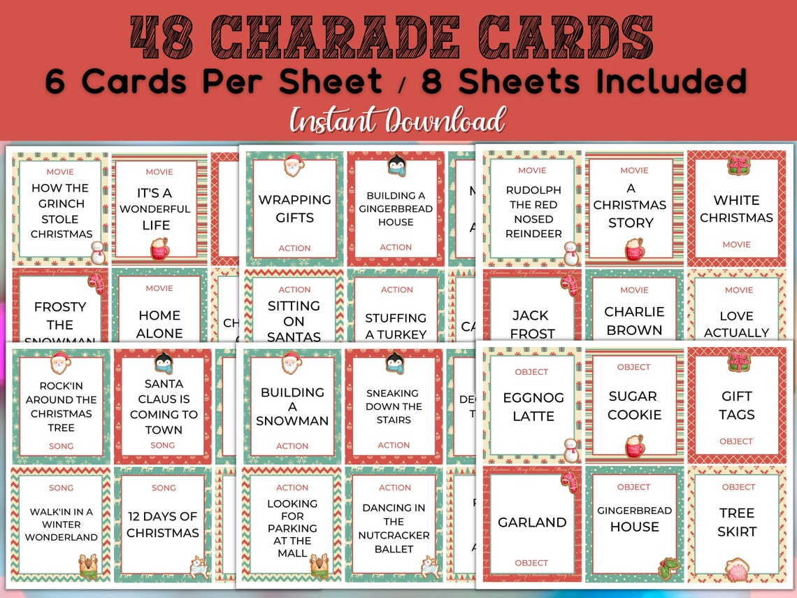 Printable Christmas Charades Game / Holiday Charades / Christmas Party ...