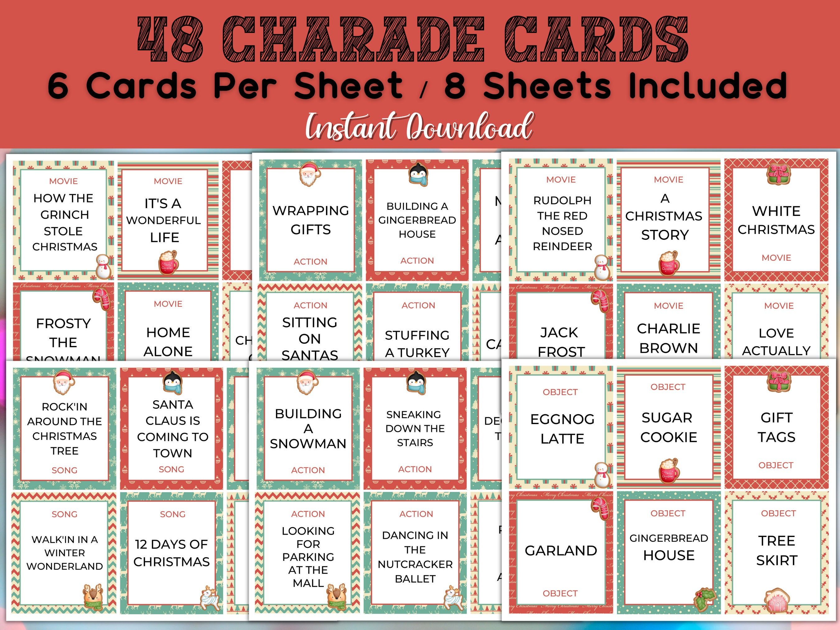 Printable Christmas Charades Game / Holiday Charades / Christmas Party ...