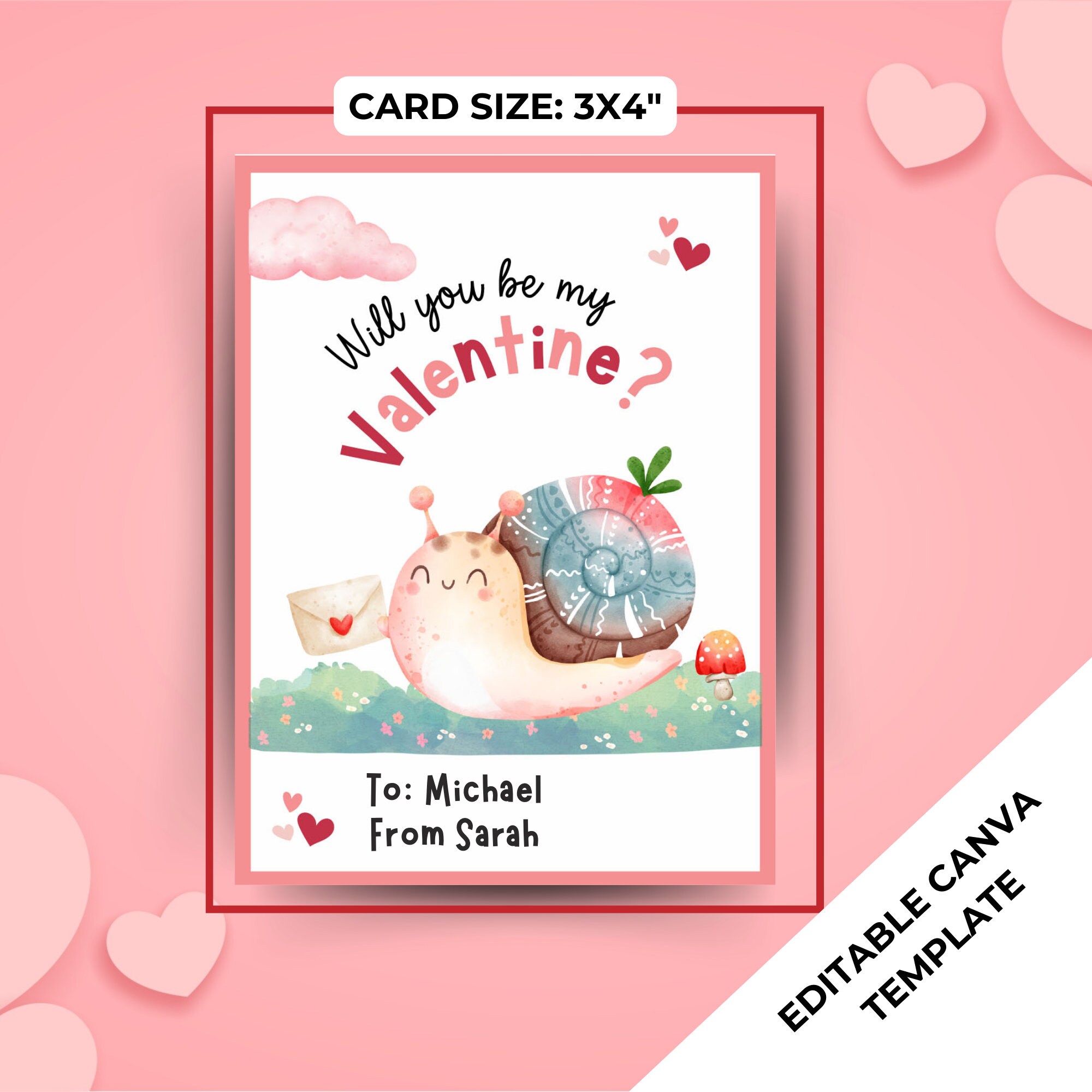 EDITABLE Snail Valentine Card, Mushroom Valentines, Printable Kids ...