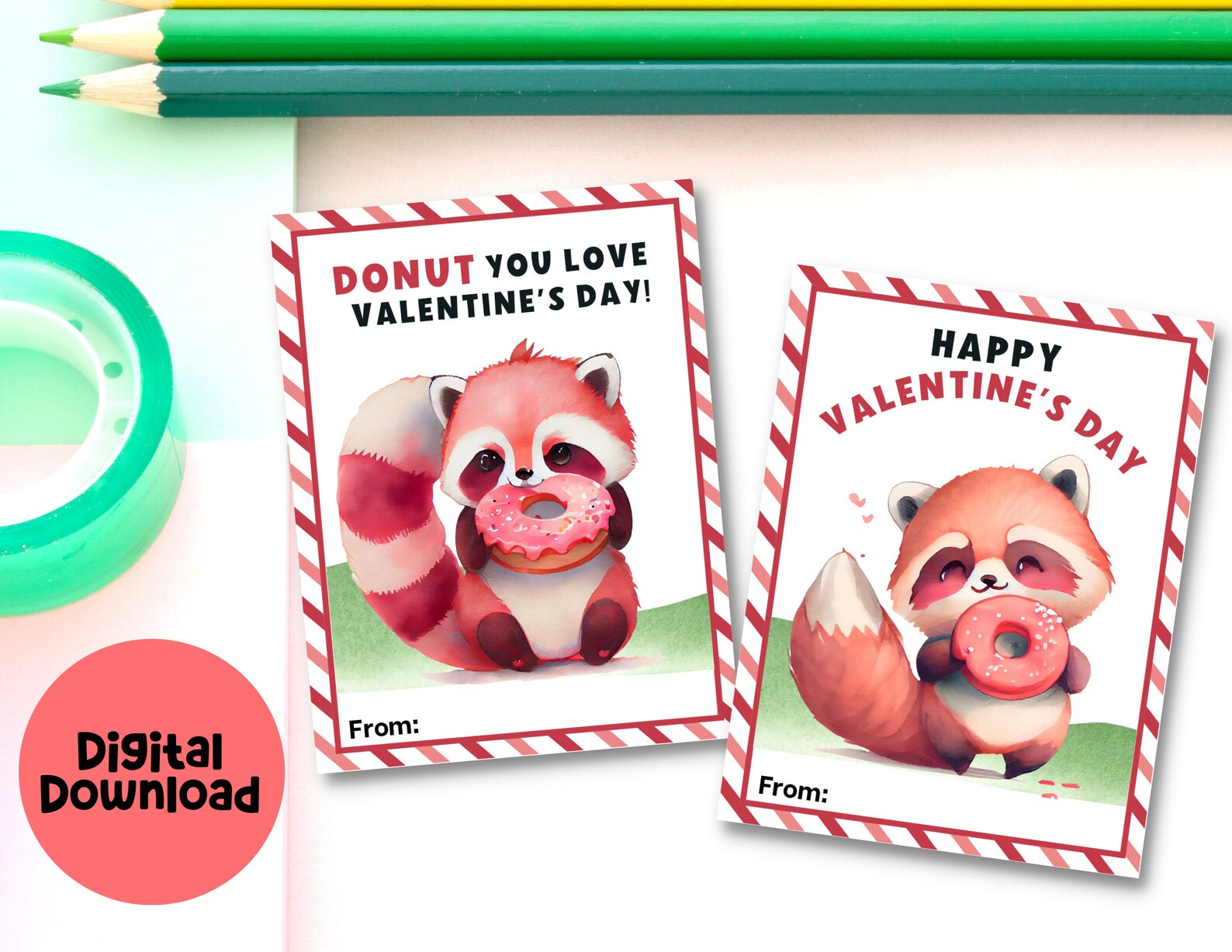 Red Panda Valentine Printable / Panda Valentine Cards / Donut ...