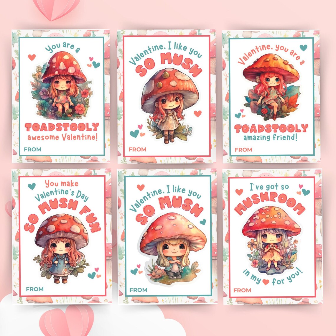 Printable Mushroom Valentine Cards, Kids Valentines, Mushroom Cards for ...