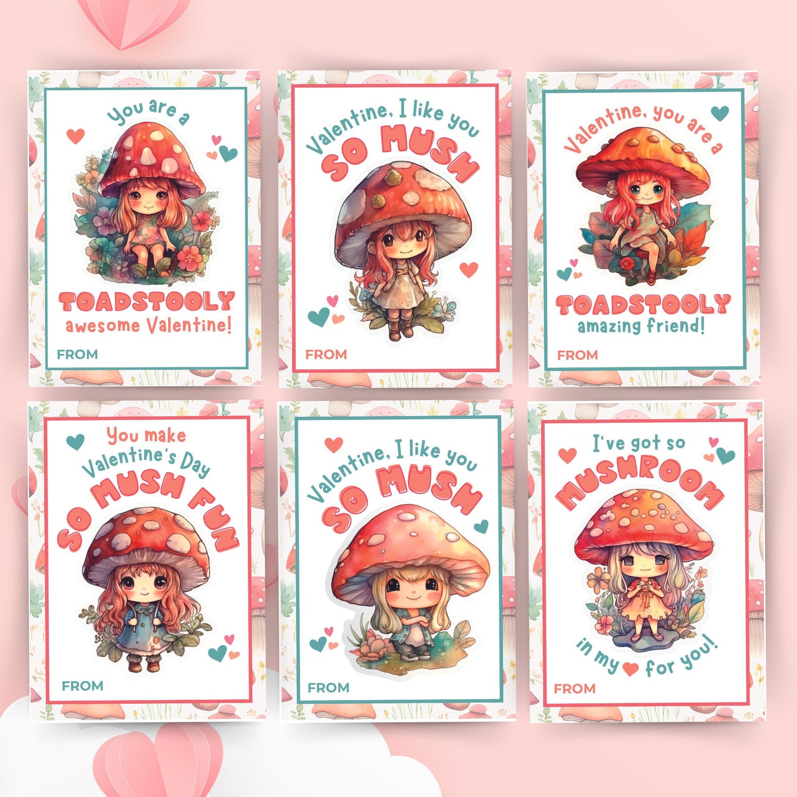 Printable Mushroom Valentine Cards, Kids Valentines, Mushroom Cards for ...