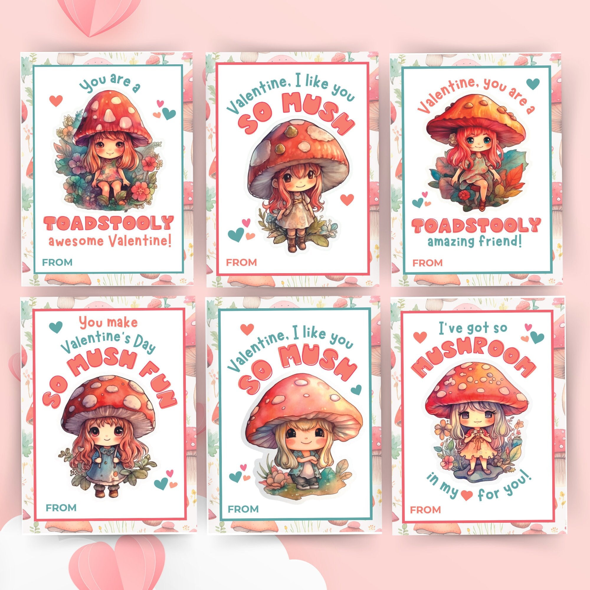 Printable Mushroom Valentine Cards, Kids Valentines, Mushroom Cards for ...