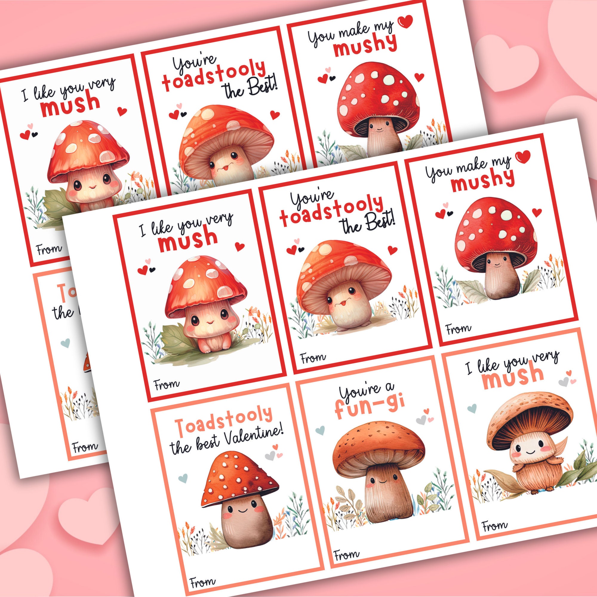 Printable Mushroom Valentine Cards, Kids Valentines, Mushroom Cards for ...