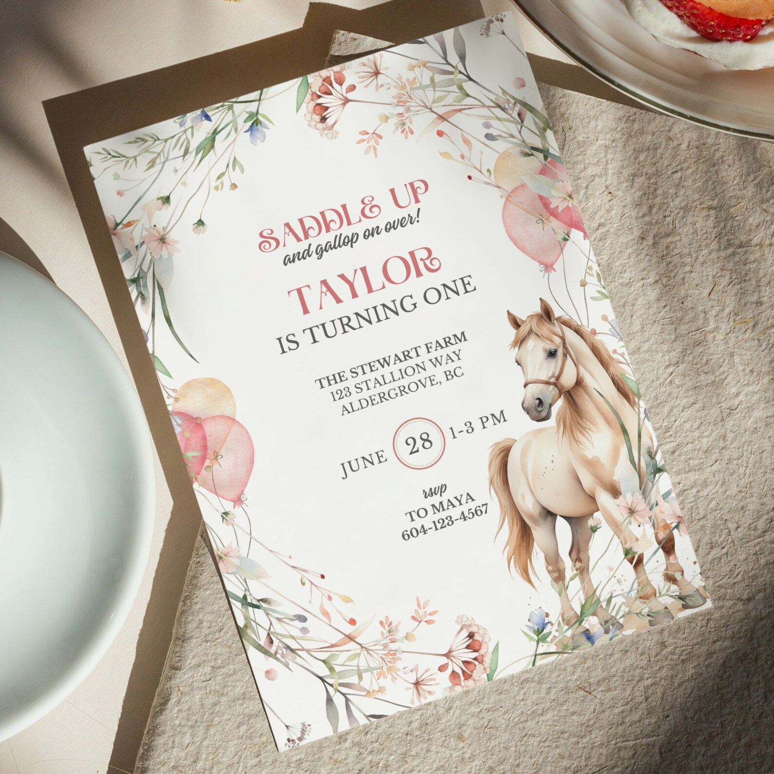 EDITABLE Floral Horse Birthday Invitation Template, Girl Saddle up ...