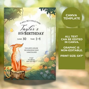 EDITABLE Happy Fox Birthday Invitation Template, Enchanted Forest ...