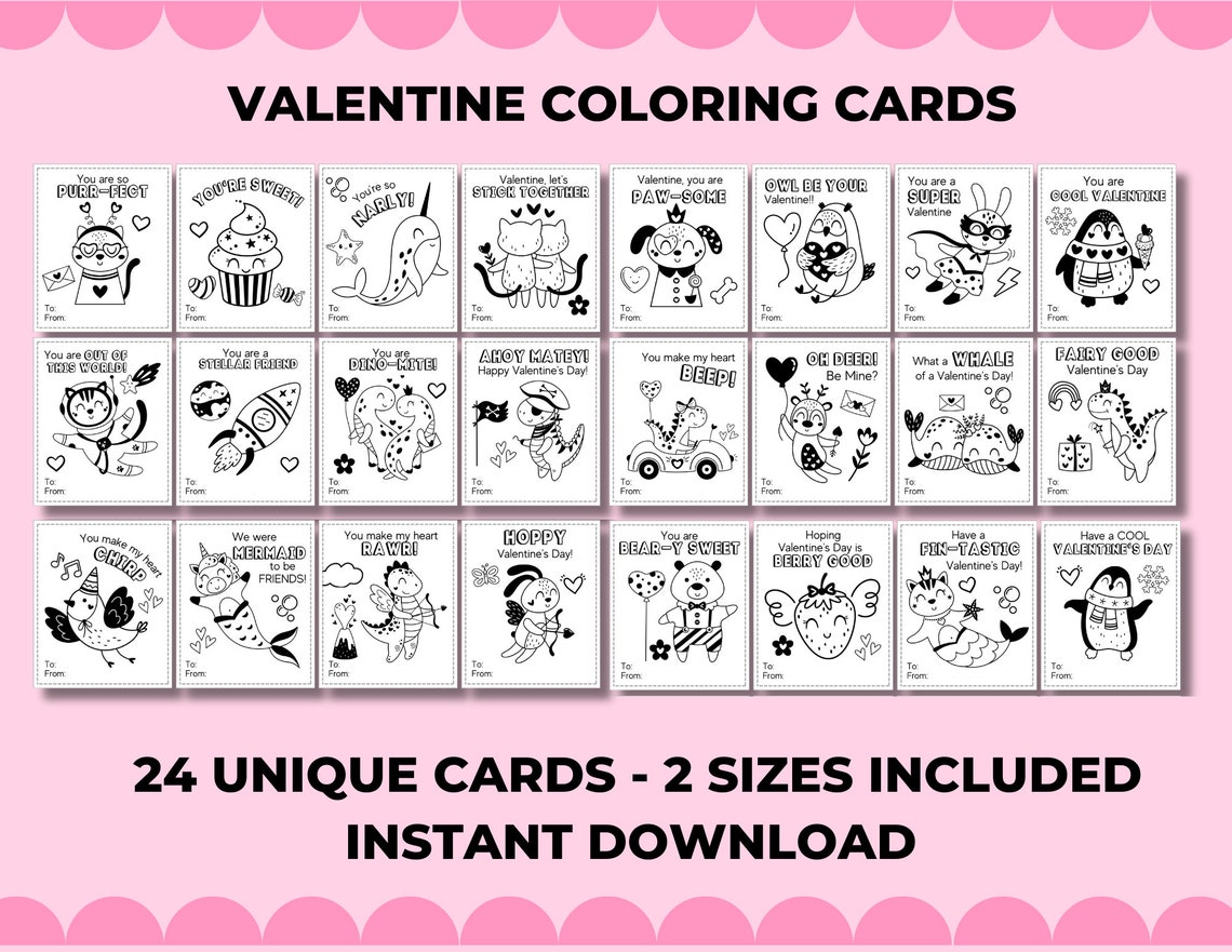 Valentine Coloring Cards, Classroom Valentine Cards, Kid Valentine Card ...