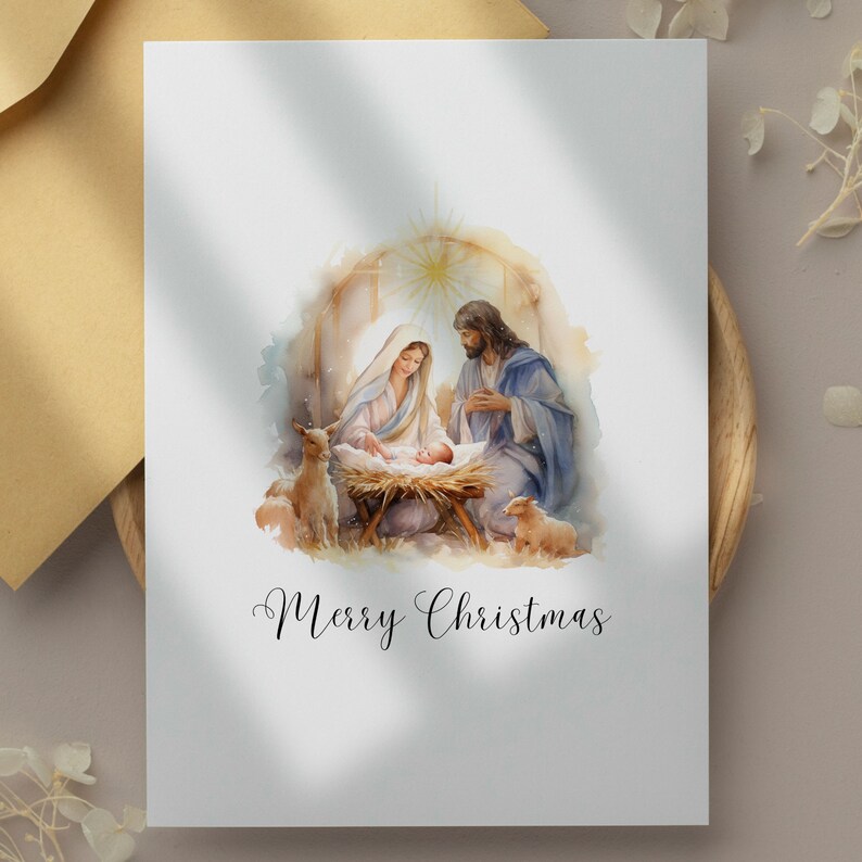 EDITABLE Watercolor Nativity Card Printable, Christmas Card Template ...