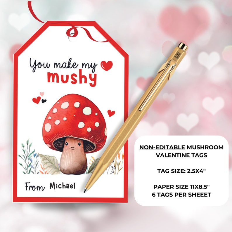 Printable Mushroom Valentine Tags, Kids Valentines, Mushroom Tags for ...