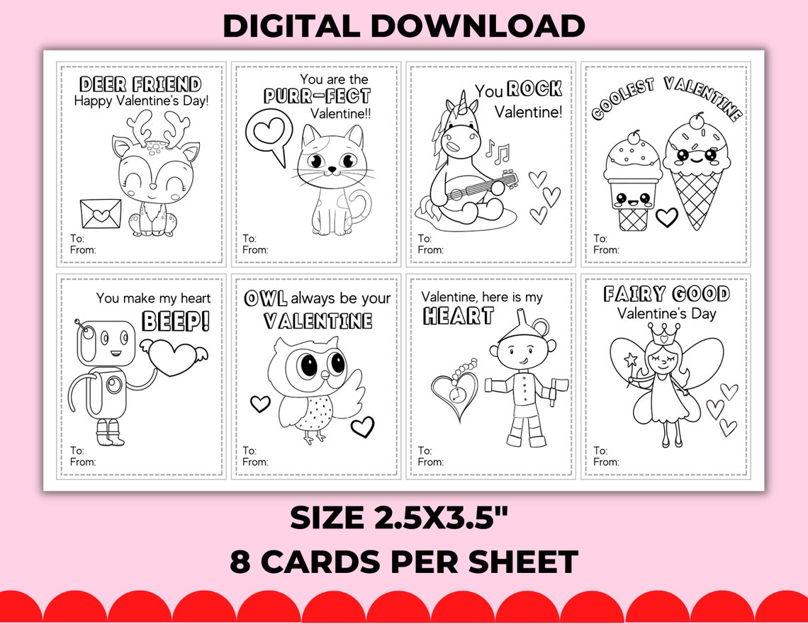Valentine Coloring Cards / Classroom Valentine Cards / Kid - Etsy