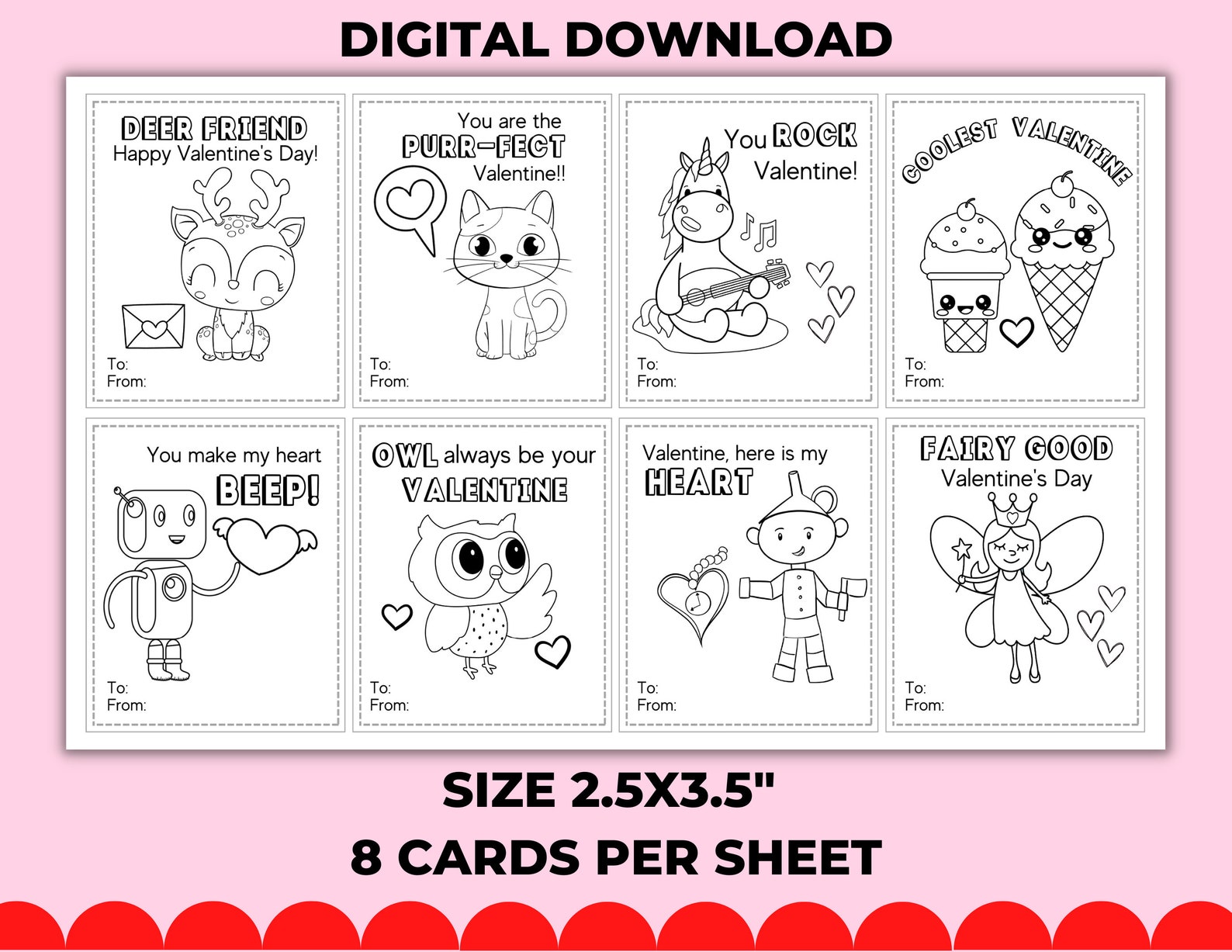 Valentine Coloring Cards / Classroom Valentine Cards / Kid Valentine ...