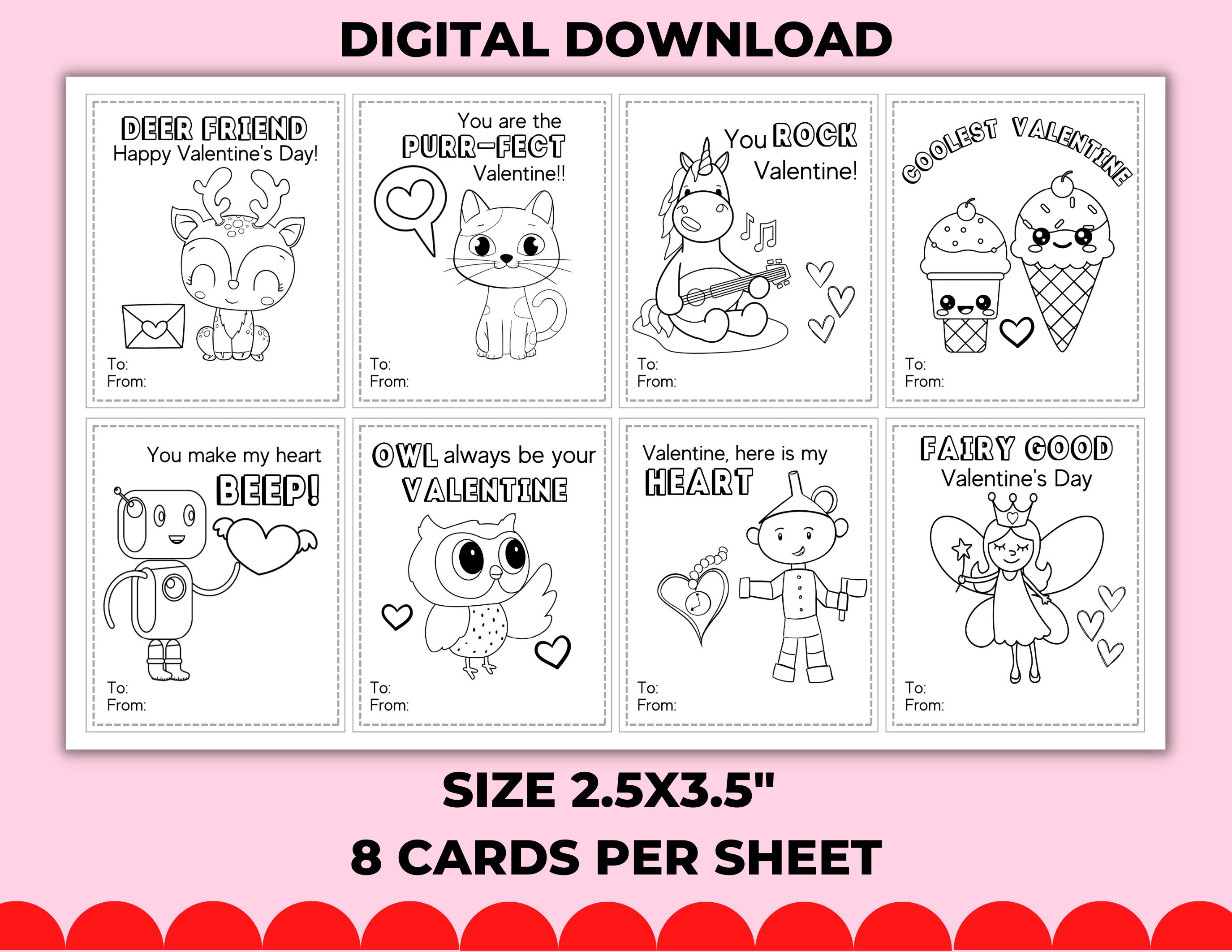 Valentine Coloring Cards / Classroom Valentine Cards / Kid Valentine ...