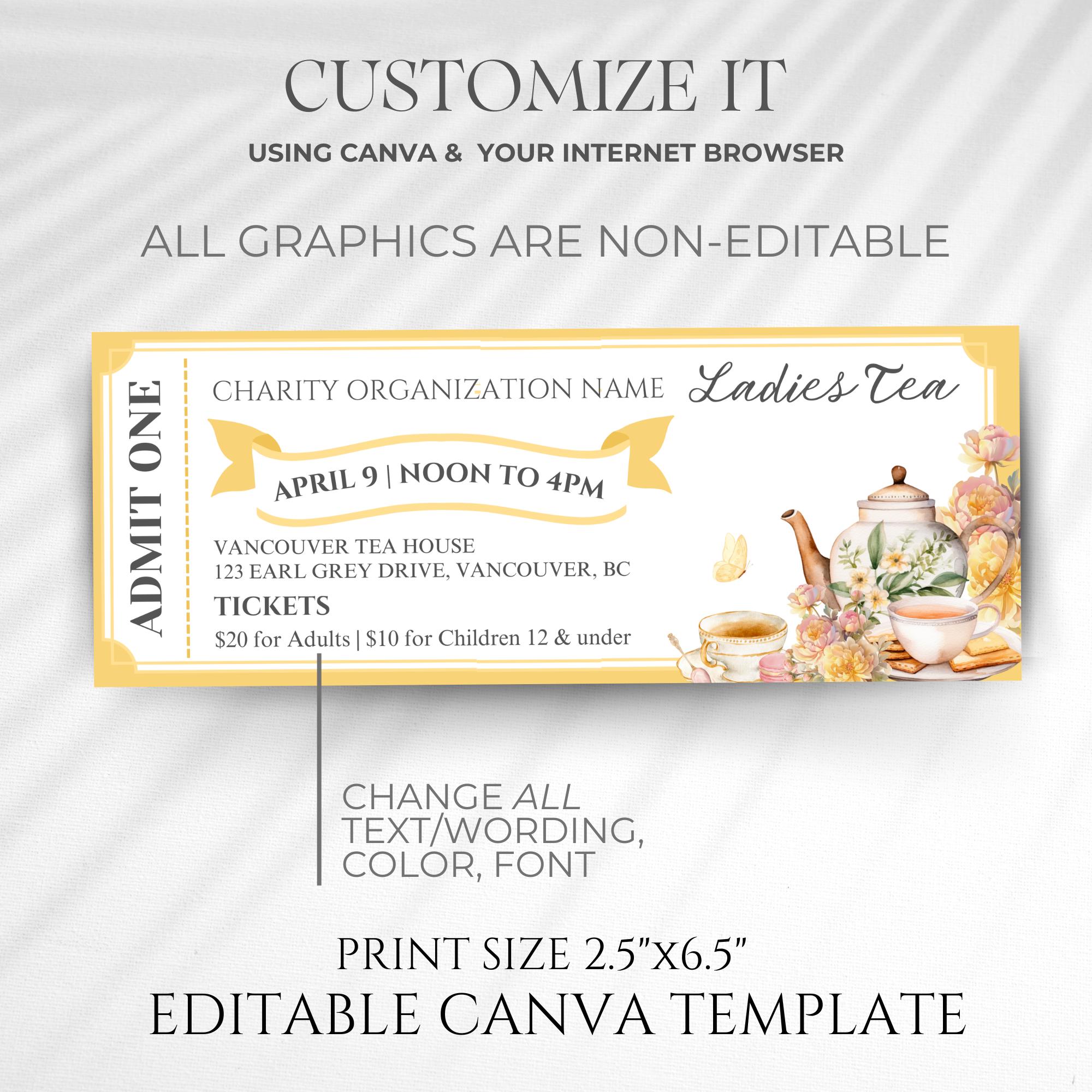 EDITABLE Tea Party Event Ticket, High Tea Party Template, Tea Party ...