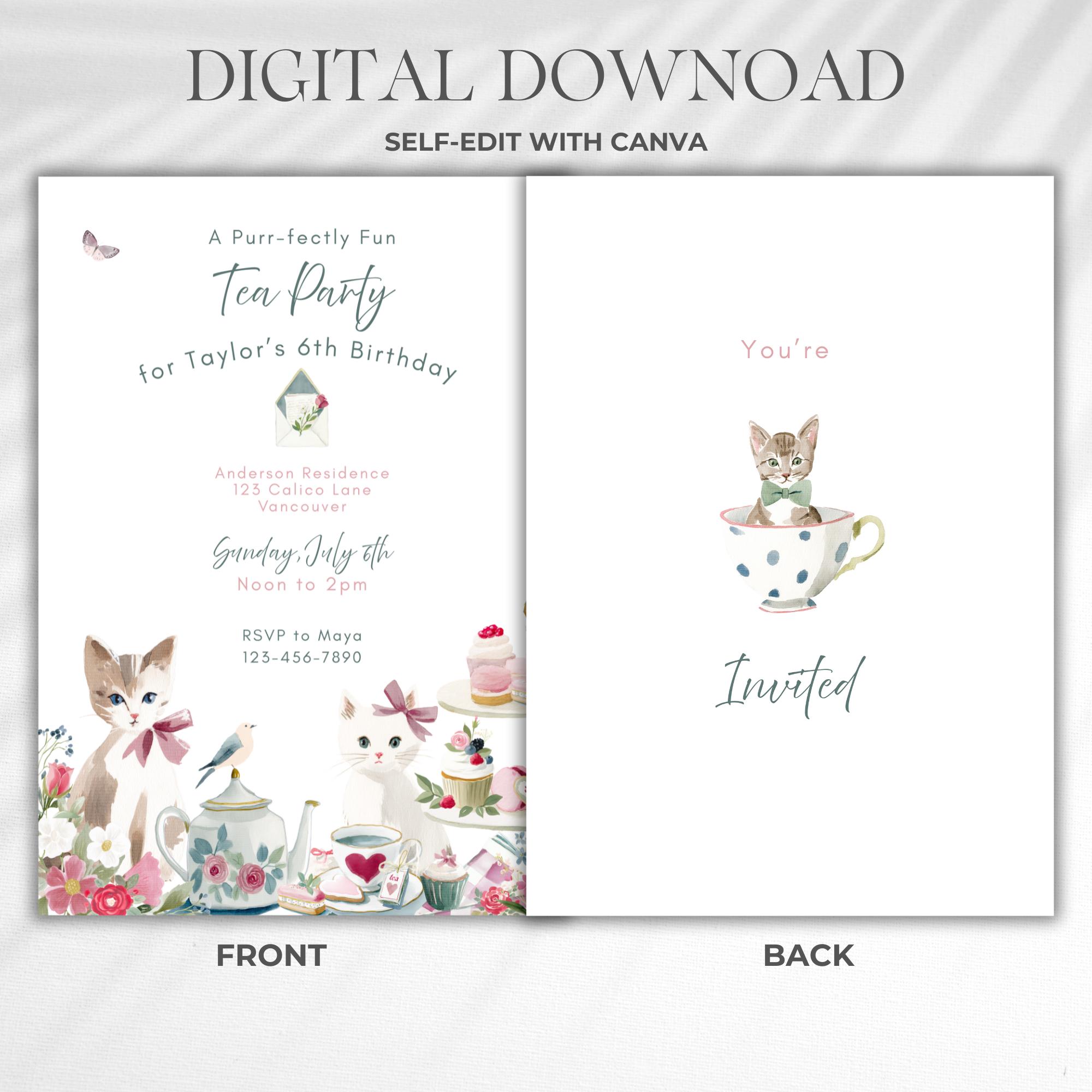 Cat Tea Party Invitation, Cat Birthday Invitation, Par Tea Invite ...