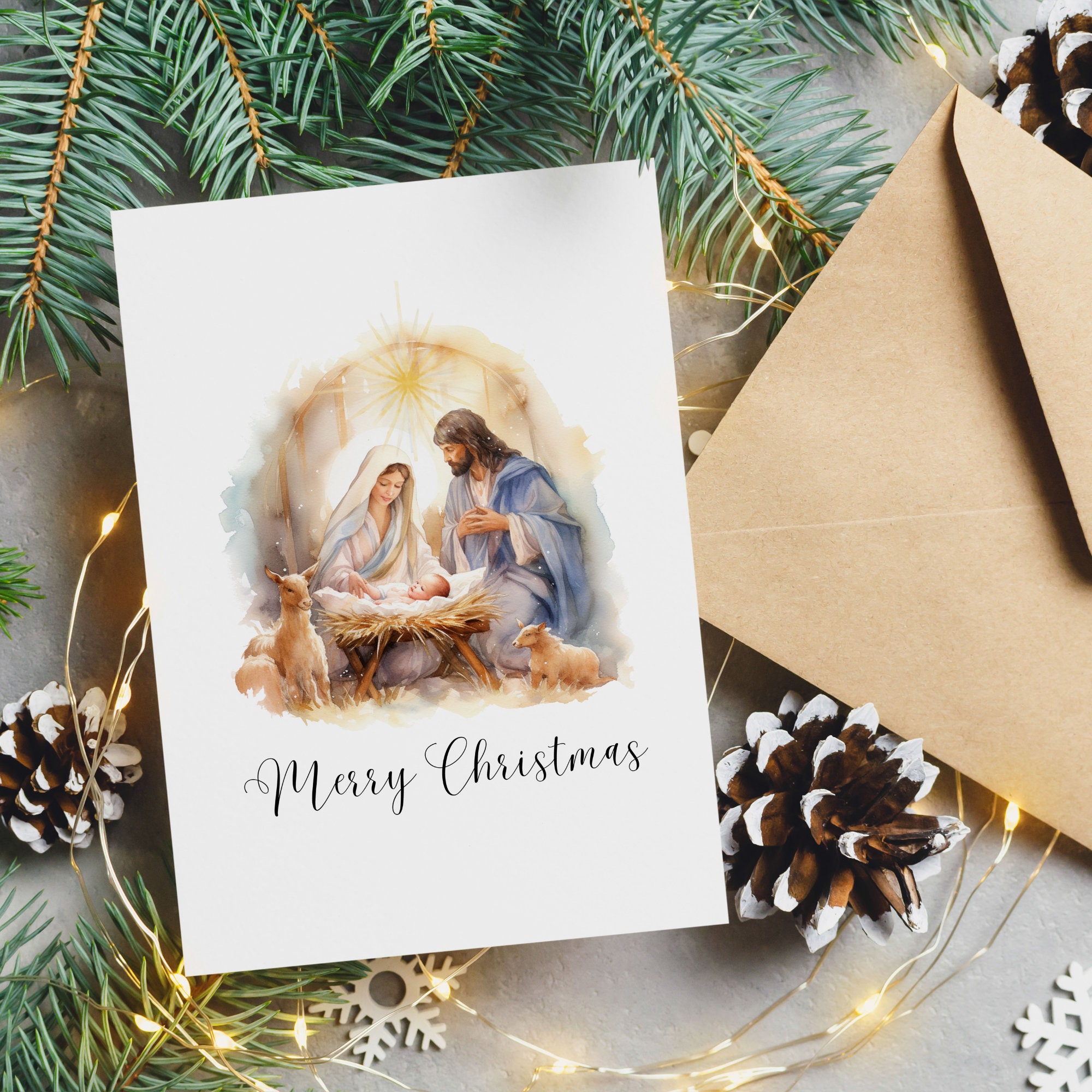 EDITABLE Watercolor Nativity Card Printable, Christmas Card Template ...